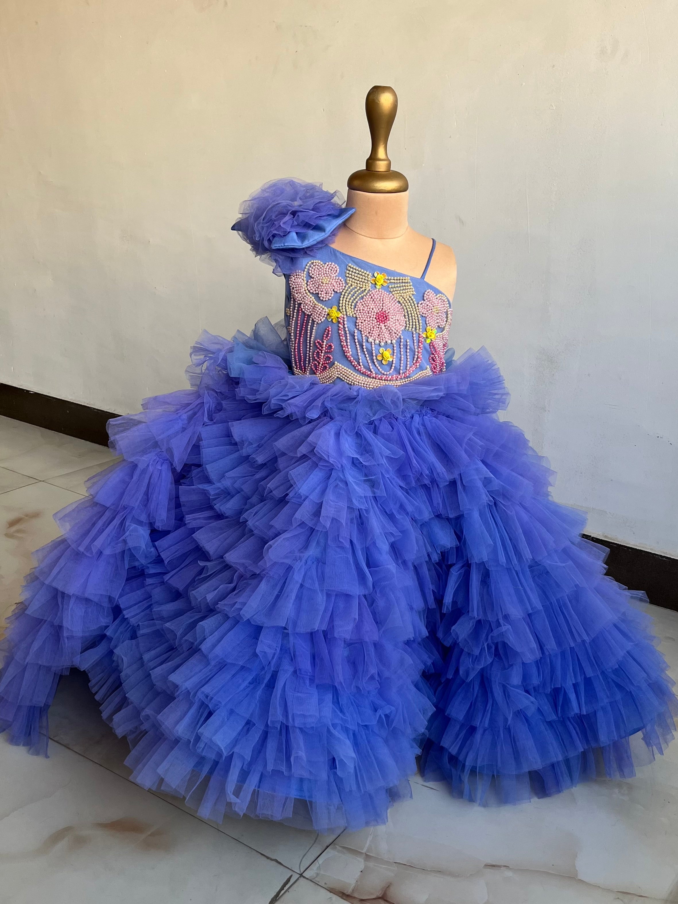 LUXE~Powder Blue Frill Gown With Hand Embroidery – Kulreeti®